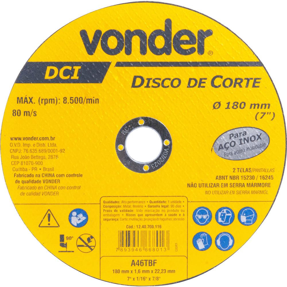 Disco de Corte 180 mm x 1,6 mm x 22,23 mm Dci Inox Vonder
