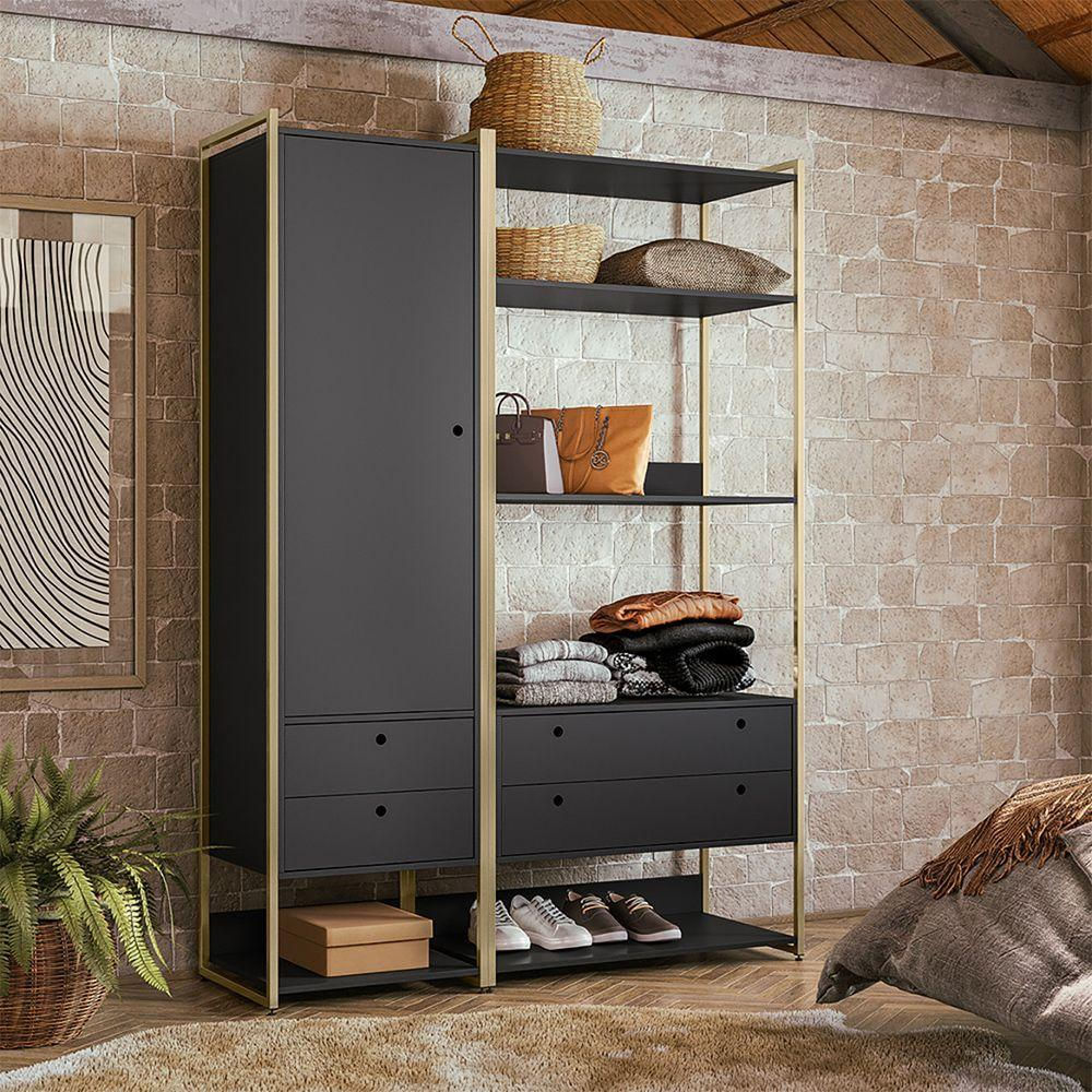 Closet Modulado Industrial Quarto Solteiro 143cm - Preto - Cor: Preto