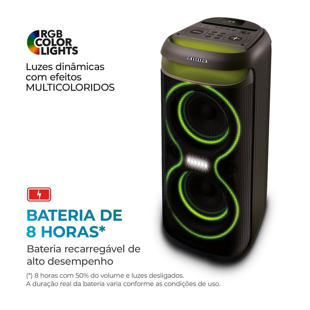 Caixa de Som PartyBox AIWA PB-08 Bluetooth 8H RGB USB TWS Preto
