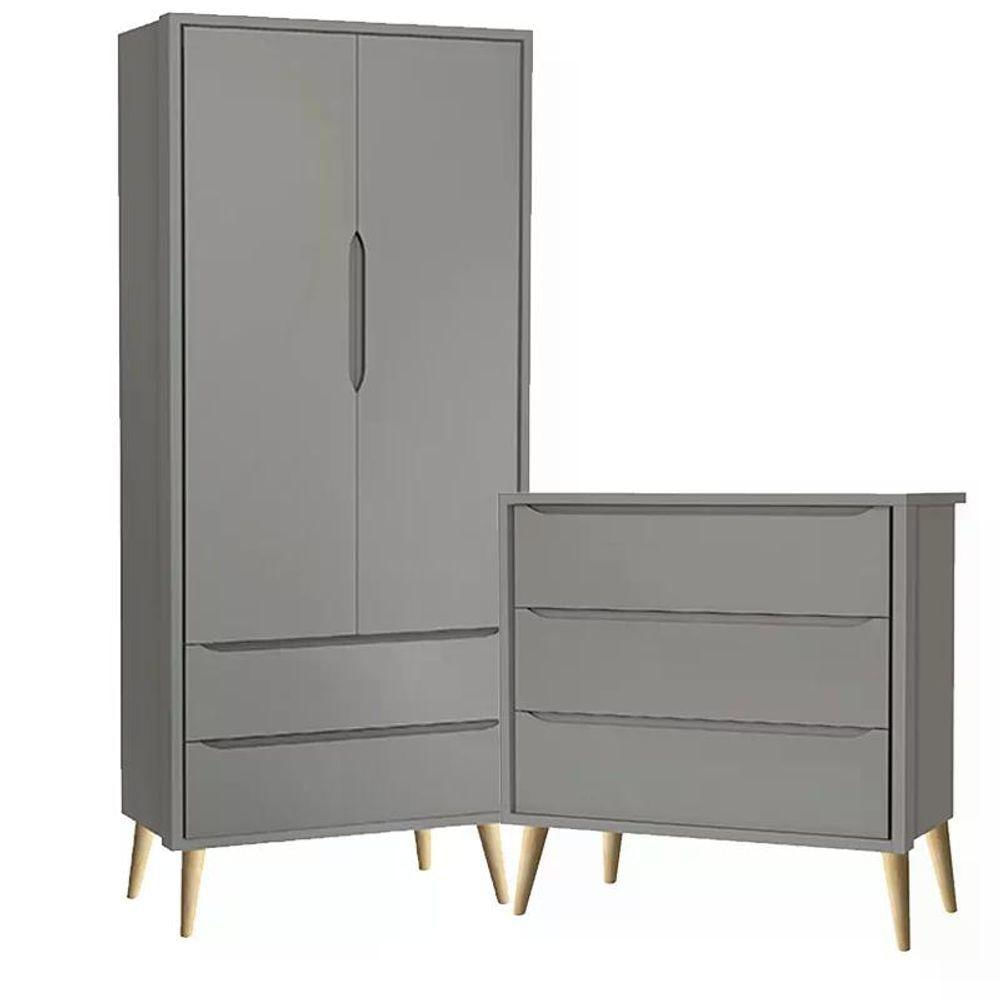 Guarda Roupa 2 Portas E Cômoda 3 Gav Theo Cinza Fosco Pés Madeira ...