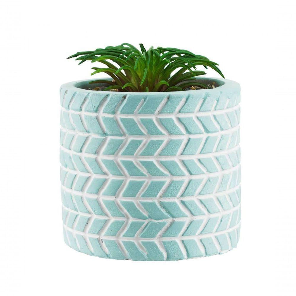 Vaso Cimento Turquesa Planta Artificial 8x7x7cm