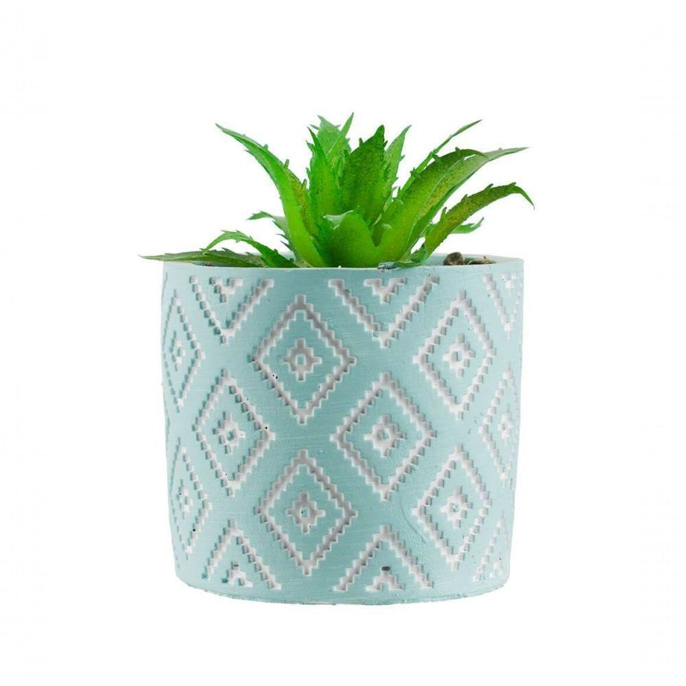 Vaso Turquesa Cimento Planta Artificial 8x6x6cm
