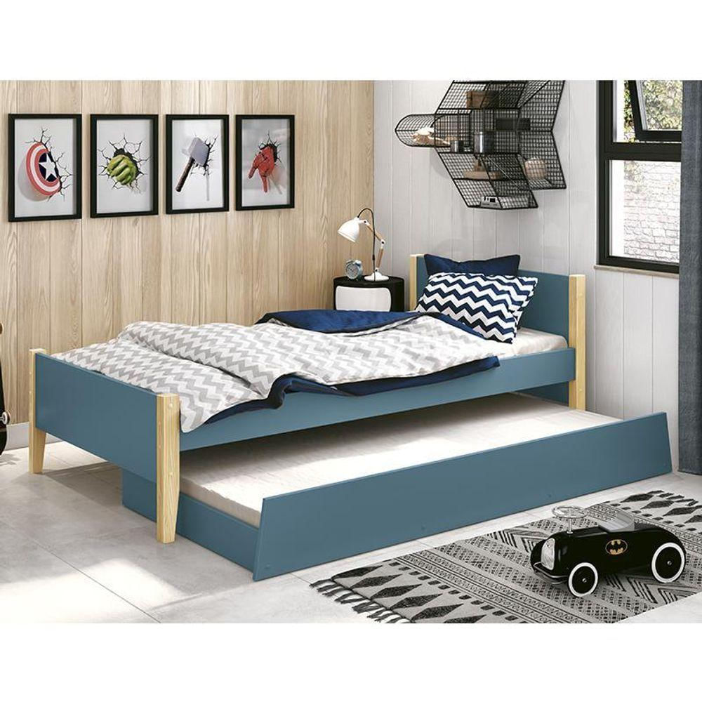 Bicama Solteiro Simba Azul Fosco Com Pés Madeira Natural E Colchões D20 ...