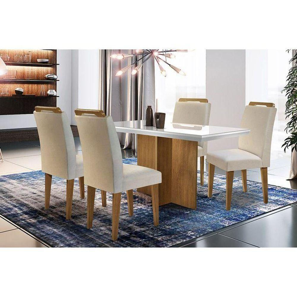 Kit Mesa Berlim Tampo C Vidro 120cm Canto Reto + 4 Cadeiras Imbuia Creme
