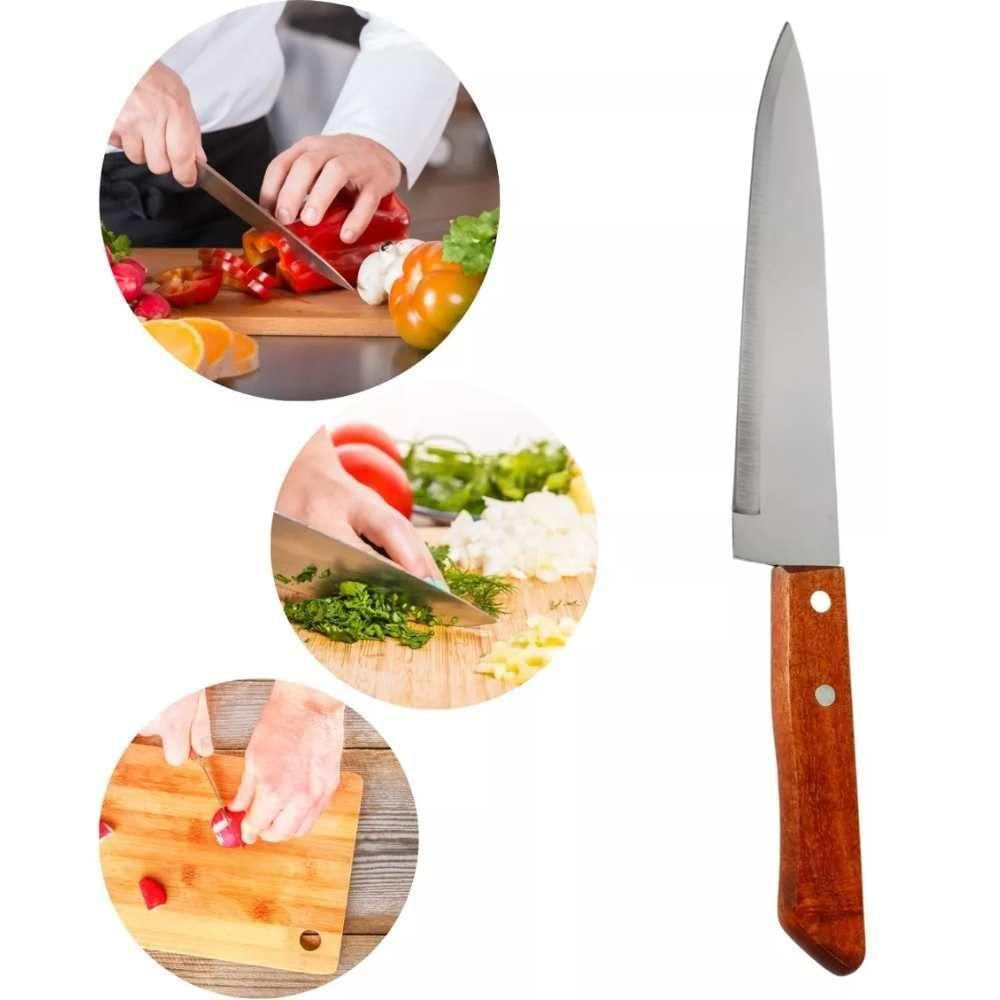 Faca De Cozinha Aço Inox Cabo Madeira Wood 8 Polegadas Corte Alimentos ...