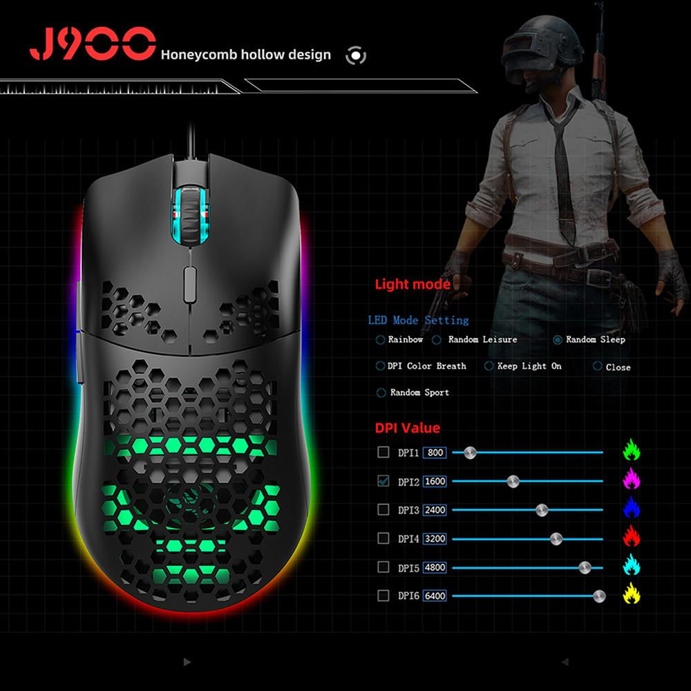 Mouse Gamer HXSJ J900 USB com RGB e 6 DPI Ajustáveis