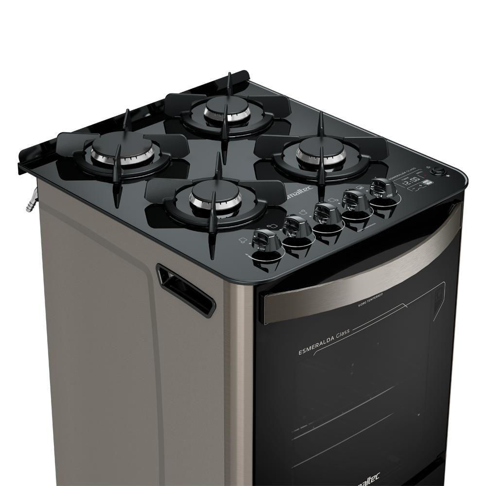 Fogão Esmaltec Esmeralda Glass Gourmet 4 Bocas Inox Com Timer Digital E ...