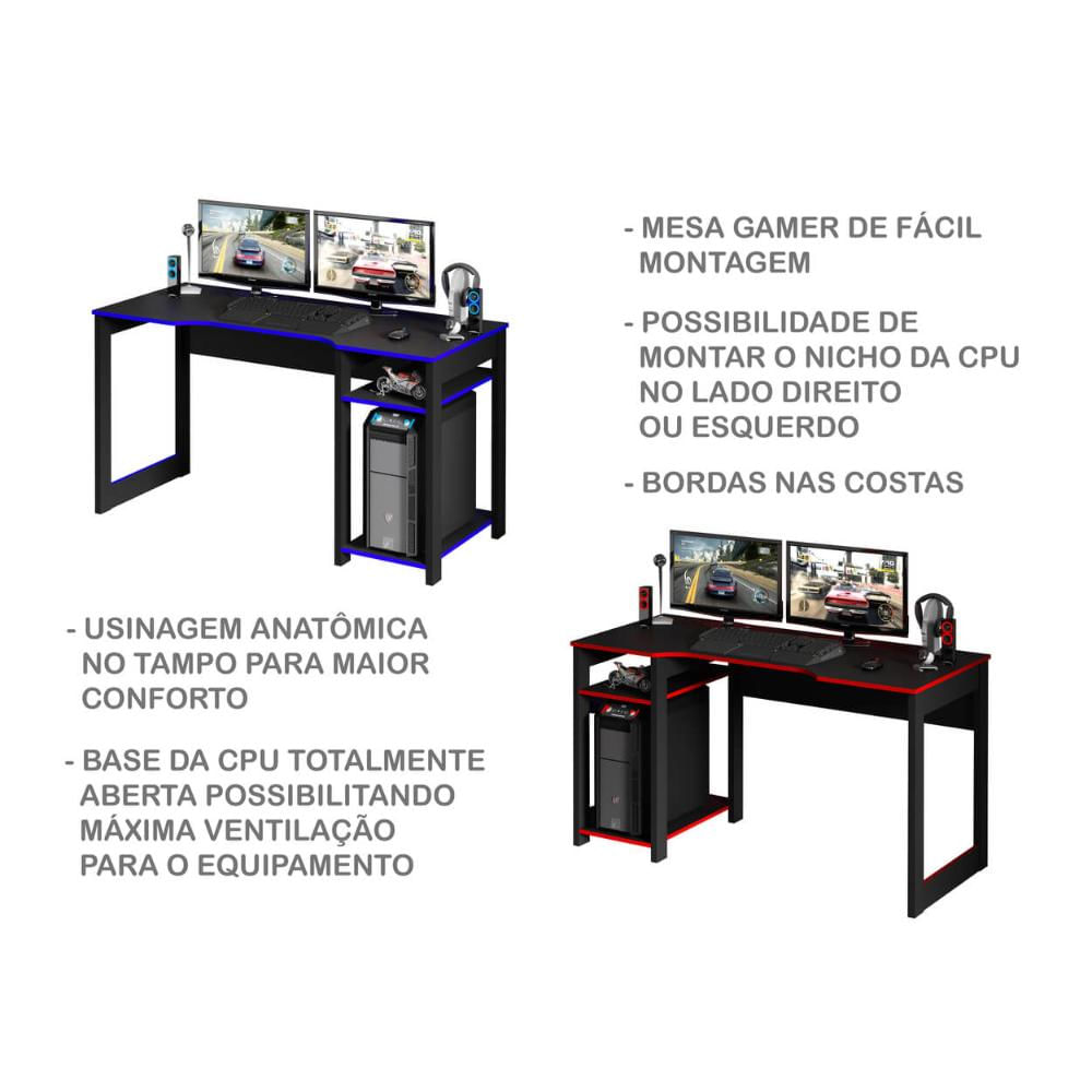 Mesa Gamer 136cm com 2 Prateleiras e Porta CPU ME4152 Preto/Vermelho ...